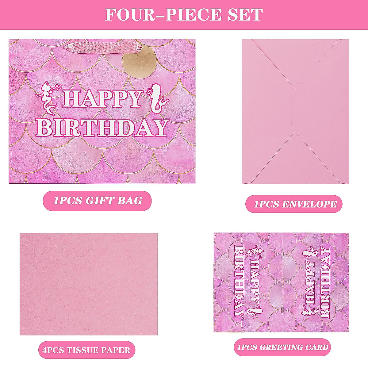 Jaywayang 12.6" Large Pink Mermaid Happy Birthday Gift Bag with Card, Tissue Paper and Tag for Kids Girls Birthday Party.