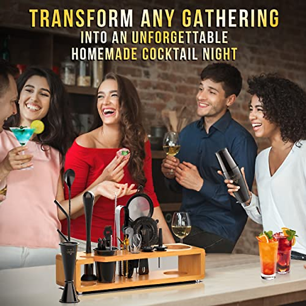 Mixology Bartender Kit: 20-Piece Boston Cocktail Shaker Set with a Bamboo Stand Bartending Kit for Drink Mixing | Perfect Cocktail Kit Black Bartender set | Ideal Cocktail Set for Home Bar Set Bar Kit