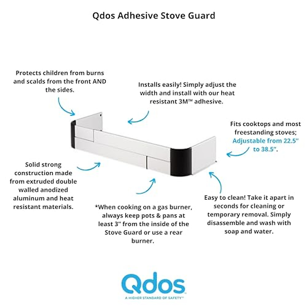 Qdos Safety Adhesive Aluminum Stove Guard - Complements Modern Kitchen Designs - Fits Cooktops & Most Freestanding Stoves - Protects from Front & Sides - Easy to Install - Quick Removal for Cleaning