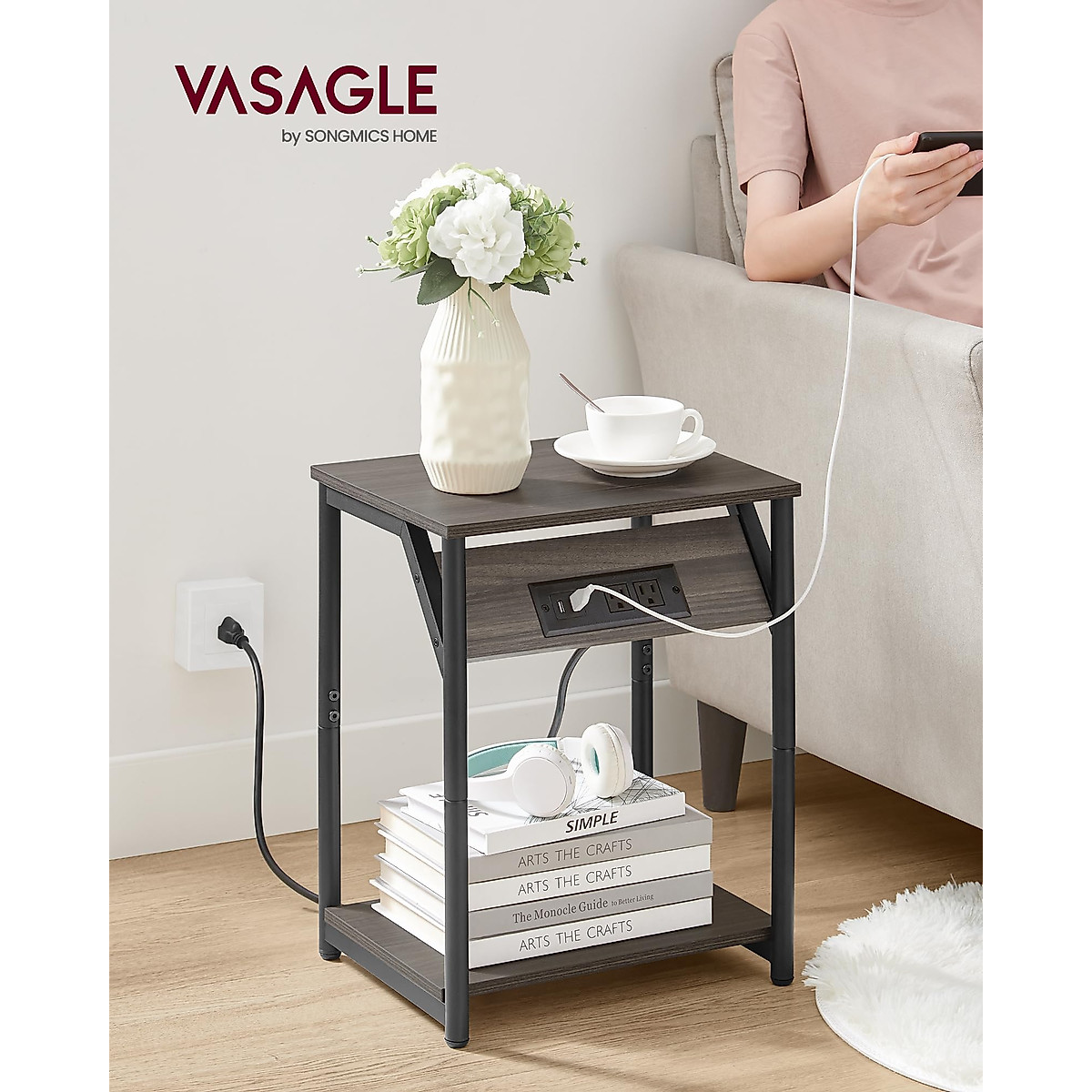 VASAGLE End Table with Charging Station, Set of 2, Small Side Tables for Living Room, Bedroom, Nightstand with Outlets and USB Ports, Bedside Table with Storage Shelf, Chestnut Brown and Black