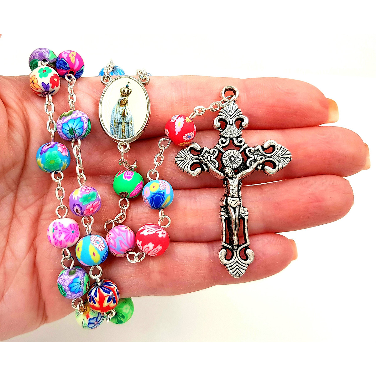 TALISMAN4U CATHOLIC ROSARY NECKLACE Colorful Polymer Beads Our Lady of Fatima Jesus Cross Holy Land Gift Rosary Pouch