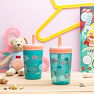 Zak Designs Shells Kelso Tumbler Set, Leak-Proof Screw-On Lid with Straw, Bundle for Kids Includes Plastic and Stainless Steel Cups with Bonus Sipper (3pc Set, Non-BPA) 15 fl.oz.