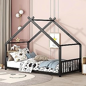 DNYN Twin Size Metal House Bed with Roof Design for Kids Bedroom,Sturdy Steel Bedframe,No Box Spring Needed, Black