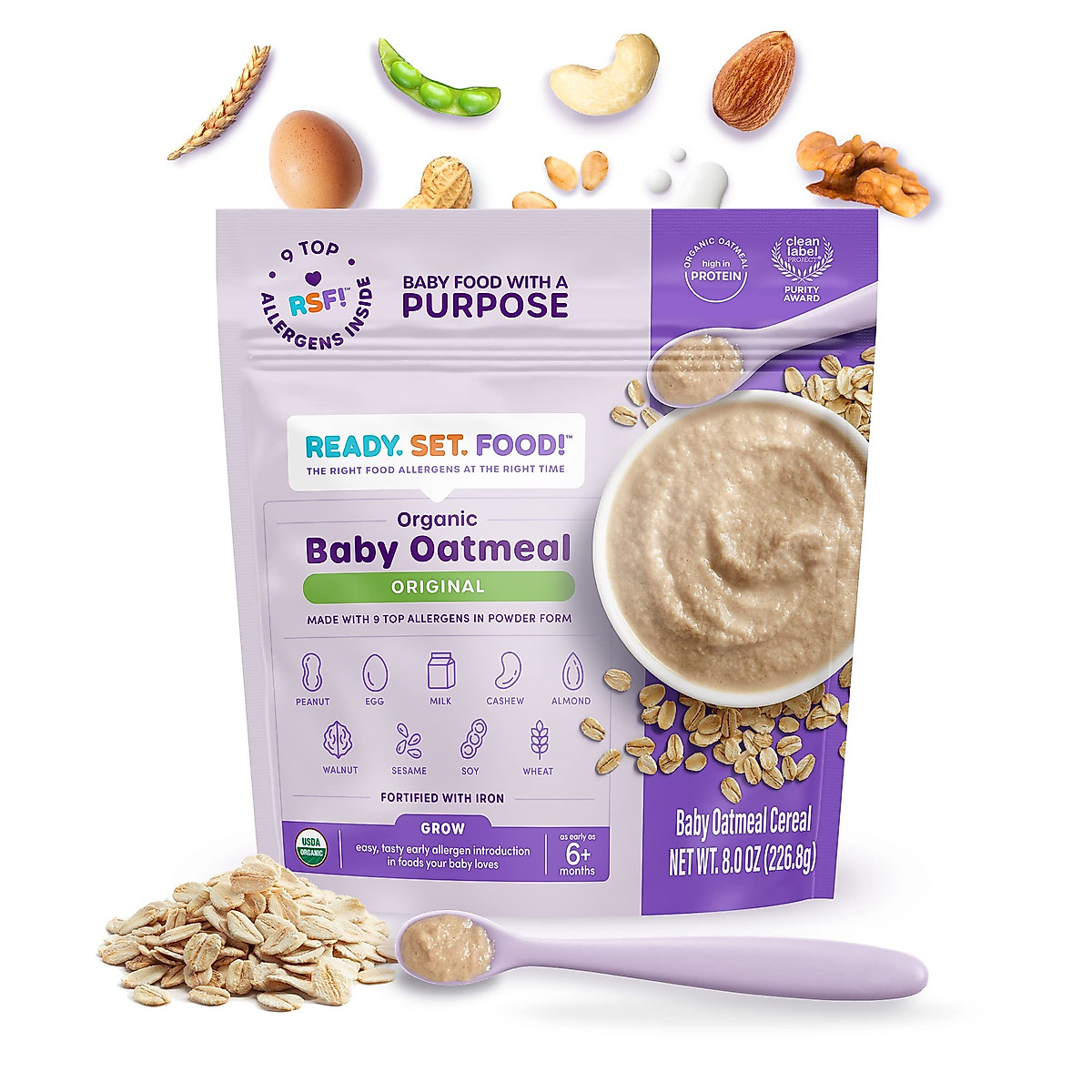 Ready, Set, Food! Organic Baby Oatmeal Cereal | Original | Organic Baby Food with 9 Top Allergens: Peanut, Egg, Milk, Cashew, Almond, Walnut, Sesame, Soy & Wheat | Unsweetened | Fortified with Iron | 15 Servings