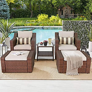 Brightpeak 5 Piece Patio Conversation Set, Outdoor Furniture Set, Brown Wicker Lounge Chair with Ottoman Footrest, W/Coffee Table & Beige Cushions for Garden, Patio, Balcony, Deck