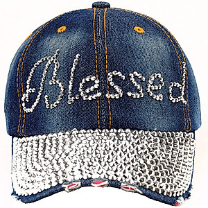 Elonmo Letter Blessed Design Womens Baseball Cap Bling Hat Rhinestone Jean Adjustable Luky Hat Gift for Her Blue