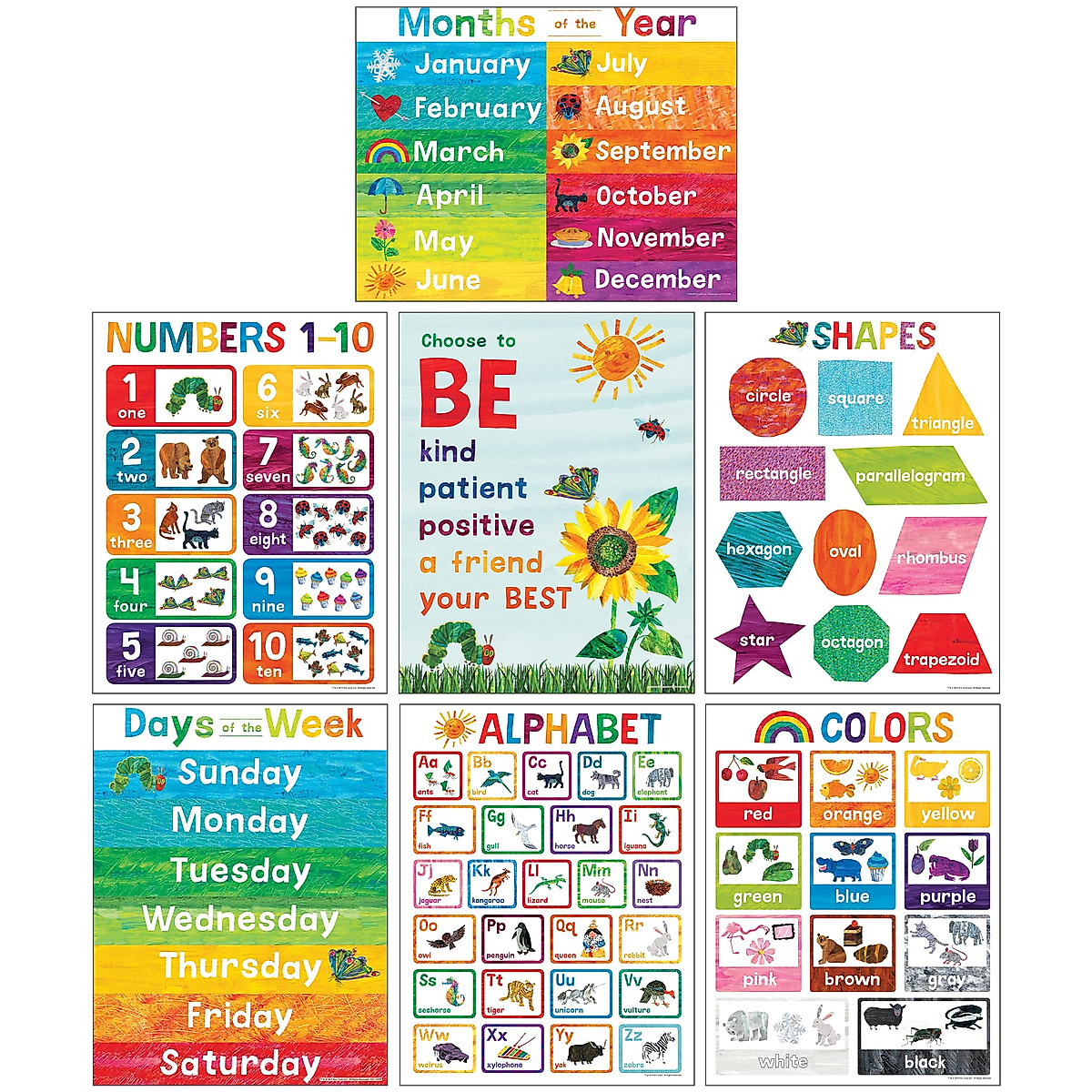 Carson Dellosa Education The World of Eric Carle Early Learning Poster Set, Colorful Shapes, Colors, Alphabet, Numbers, Days of the Week, Months of the Year, and Motivational Classroom Posters (7 pc)