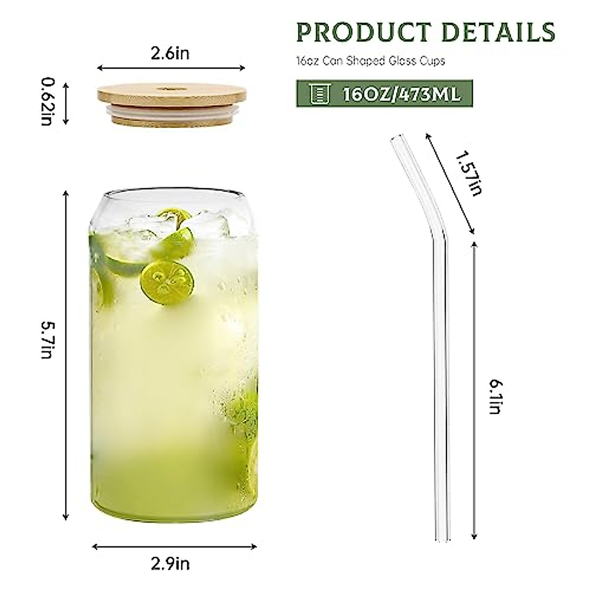 4 PCS Glass Cups with Bamboo Lids and Glass Straws and Stainless Steel Stirring Spoon. 16 Oz Can Shaped Ice Glass Coffee Cups, Drinking Glasses and Beer Glasses and for Whiskey, Tea, Soda, Water
