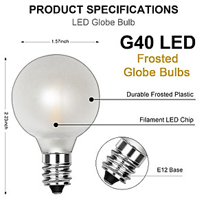 Pallerina 25 Pack G40 LED Globe Frosted Light Bulbs, Shatterproof Led Replacement Light Bulbs for Indoor Outdoor Christmas String Lights, E12 Screw Base 0.6watt, Warm White