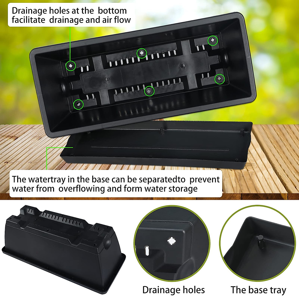 CHUKEMAOYI Window Box Planter, 10 Pack Plastic Vegetable Flower Planters Boxes 17 Inches Rectangular Flower Pots with Saucers for Indoor Outdoor Garden, Patio, Home Decor (Black)