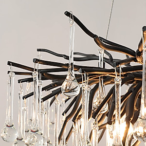 YIOSI Black Crystal Chandelier, Modern Ceiling Pendant Flower Hanging Lighting Frosted Tree Branch Raindrop Chandelier Light Fixture for Dining Room, Living Room, Bedroom, Entryway (Dia 24" Round)