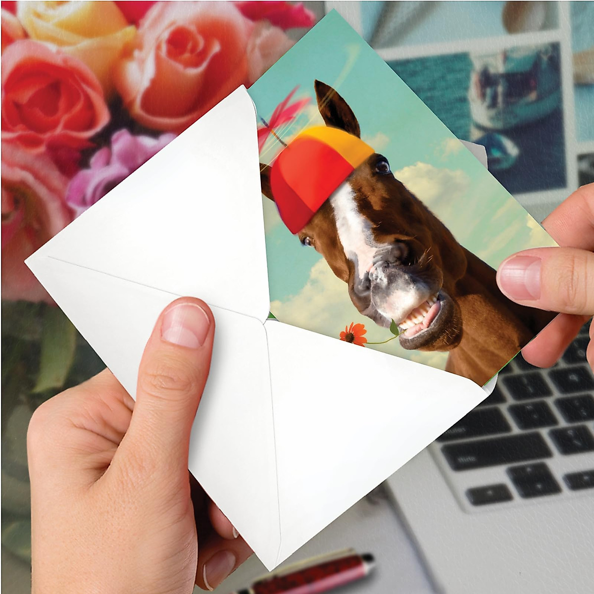 NobleWorks - 1 Happy Birthday Card with Funny Animals - Wildlife and Pet Humor, Fun Birthday Celebration Notecard - Horse Around C9304BDG