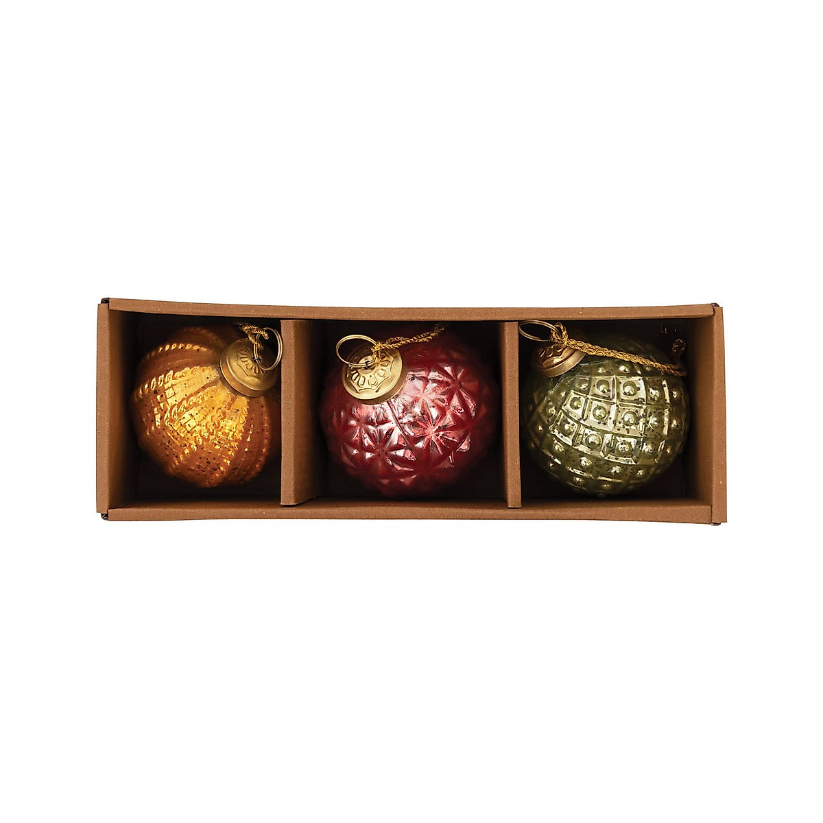 Creative Co-Op Embossed Glass Ornaments in Kraft Box, Orange, Pink, and Green, Set of 3