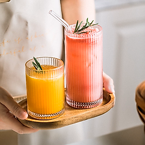 POLIDREAM Drinking Glasses with Origami Style Set of 4 Glass Cups, 12 oz Ribbed Glassware, Highball Glass Cups, Elegant Art Deco Ripple Vintage Glassware, Juice Glasses, Ideal for Cocktail, Beer