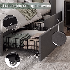 LARMACE Queen Size Bed Frame Linen Upholstered Bed with 4 Storage Drawers and Wingback Headboard Tufted Platform Beds Frame with Wood Slats Support, No Box Spring Needed, Light Grey