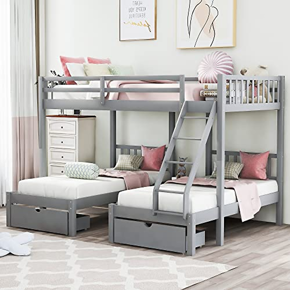 RUNWON Full Over Twin Wood Triple Bunk Bed with 2 Drawers for Kids Adults Bedroom,Detachable to 3 Platform Beds,No Box Spring Needed