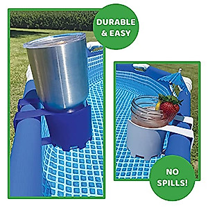 Storage Theory Plastic Cup Holder Set for Above Ground Swimming Pool - 4 Cup Holders for Drinks, Cups and Accessories - Fits 2” or Less Round Bar Top Rails - Blue