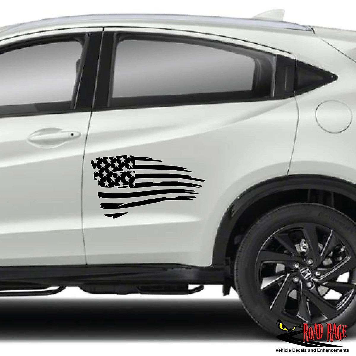 Road Rage Premium Vehicle Decals - Patriotic American Waving Flag Sticker 2 Pack- Car, Truck, Computer, Wall - White or Black 6 Year Premium Outdoor Vinyl (11x6 inch, Black)