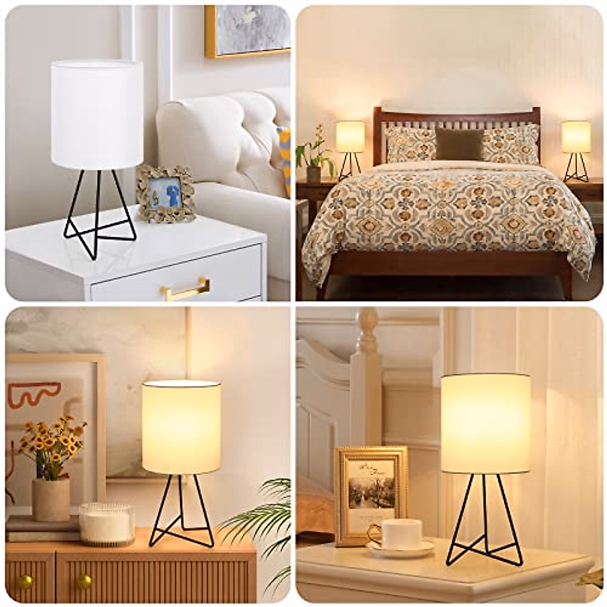 BesLowe Small Nightstand Lamps, Set of 2 Table Lamps, Modern Bedside Lamps with Black Metal Base, White Fabric Shade and ON/Off Switch, Simple Desk Lamp for Kids Bedroom Living Room Office Reading