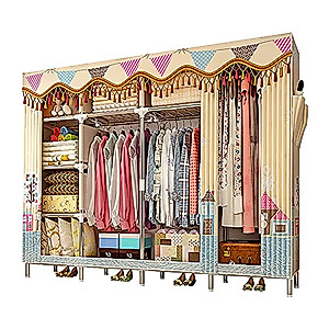 ZZBIQS Extra Large Clothes Wardrobe Storage Closet, Portable Garment Organizer Shelve Rack for Hanging Clothes, 82x68x18Inches, Flannel Fabric Cover Standing Closet with Hang Rod and 2 Side Pockets