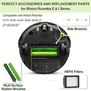 ZOCONE Replacement Parts accessories Compatible for iRobot Roomba E I & J Series E5 E6 E7 i7 i7+ i6 i6+ i4 i4+ i3 i3+ i2 i1 i1+, 1 Set Multi-Surface Rubber Brush, 5 Side Brushes and 5 HEPA Filters