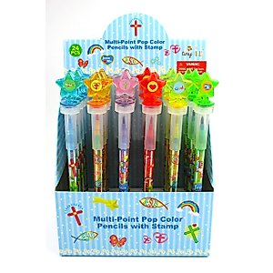 TINYMILLS 24 Pcs Religious Christian 2 in 1 Stackable Stacking Crayon with Extra Stamper Topper, Sunday School Classroom Rewards, Prizes, Christian Toys Sunday School Rewards