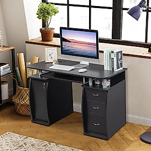 Karl home MDF Computer Desk with Strip Socket, Home Office Desk Writing Desk, Office Table with 3 Drawers and Storage Cabinet for Studio, Apartment, Coffee, Black