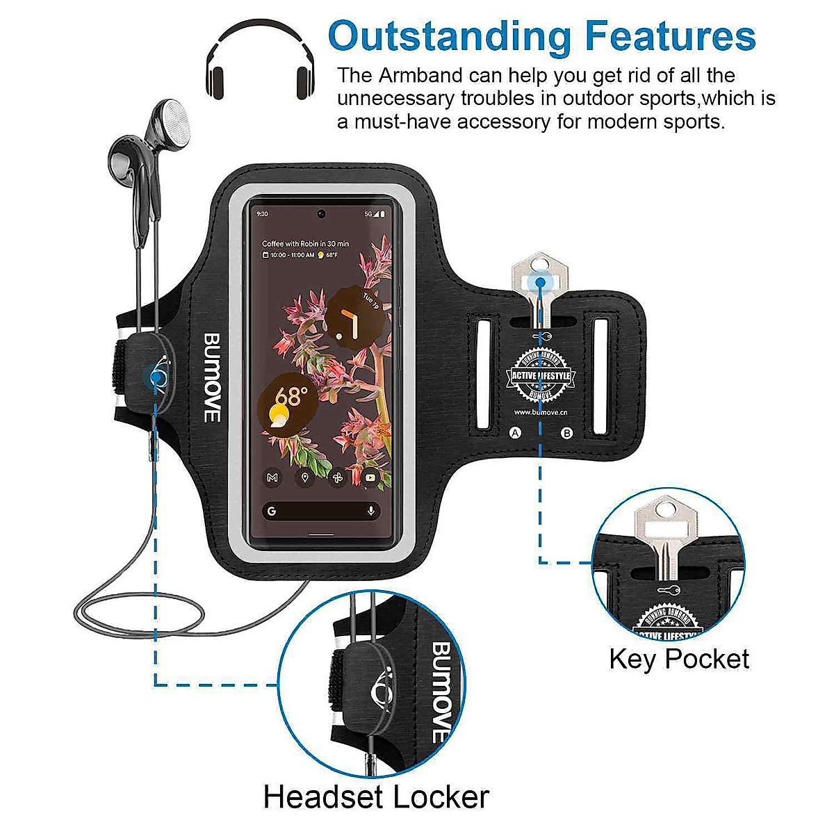 Pixel 8/8 Pro/7/7 Pro/5a Armband, BUMOVE Gym Running Workouts Sports Phone Arm Band for Google Pixel 7, 7 Pro, 6, 6 Pro, 5a with Card Holder (Black)