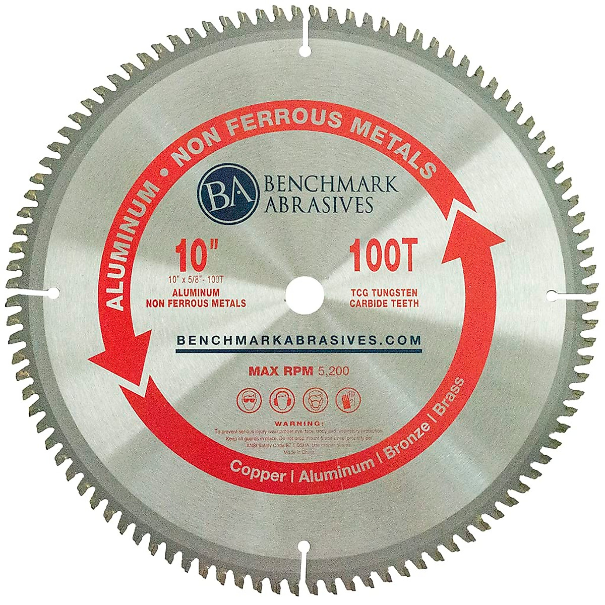Benchmark Abrasives 10" TCT Saw Blade with 5/8" Arbor, Circular Saw Blades for Cutting Plastic Aluminum Non-Ferrous Metals Fiberglass, Smooth Cutting ‎(10" - 100 Teeth)