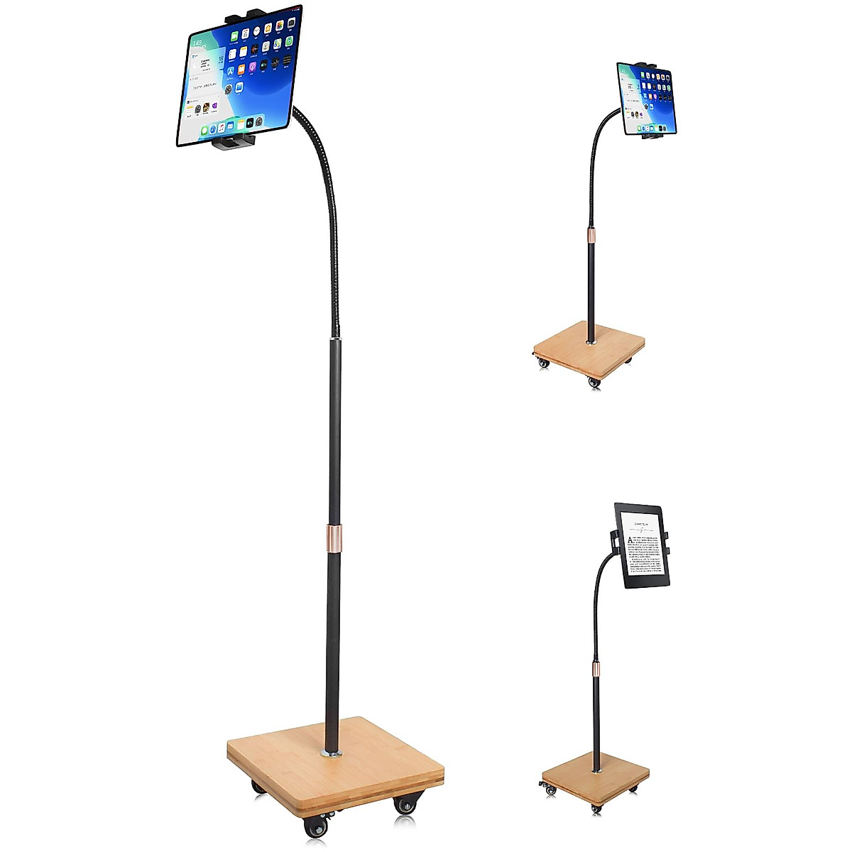 Crocqett Ipad Stand Floor with Wheels,Adjustable Height Tablet Floor Stand for Bed,Gooseneck Tablet Holder with Bamboo Base,Compatible with Kindle,Ipad pro Mini 12.9/6,Phones (4.7''-13'')