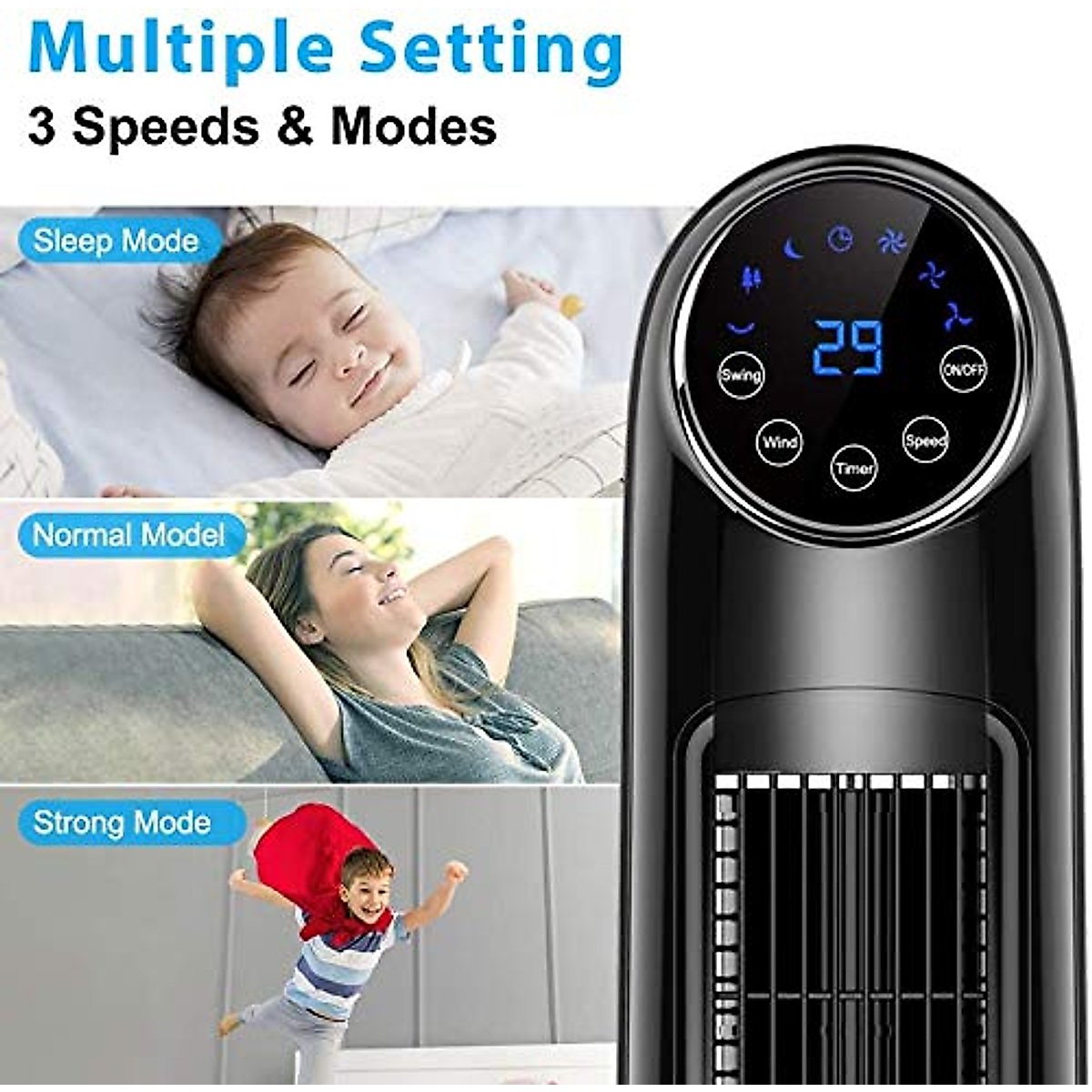 Air Choice Evaporative Cooler with Remote, 48" Bladeless Cooling Tower Fan with 3 Speed & 3 Modes, Quiet High Velocity Tower Fan Air Conditioner with LED screen, Tail Fan with 12 Hours Timer