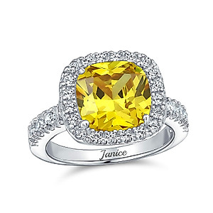 Personalize Classic Timeless 6CT AAA CZ Canary Yellow Halo Square Cushion Cut Statement Engagement Ring For Women Cubic Zirconia Pave Band .925 Sterling Silver Custom Engraved