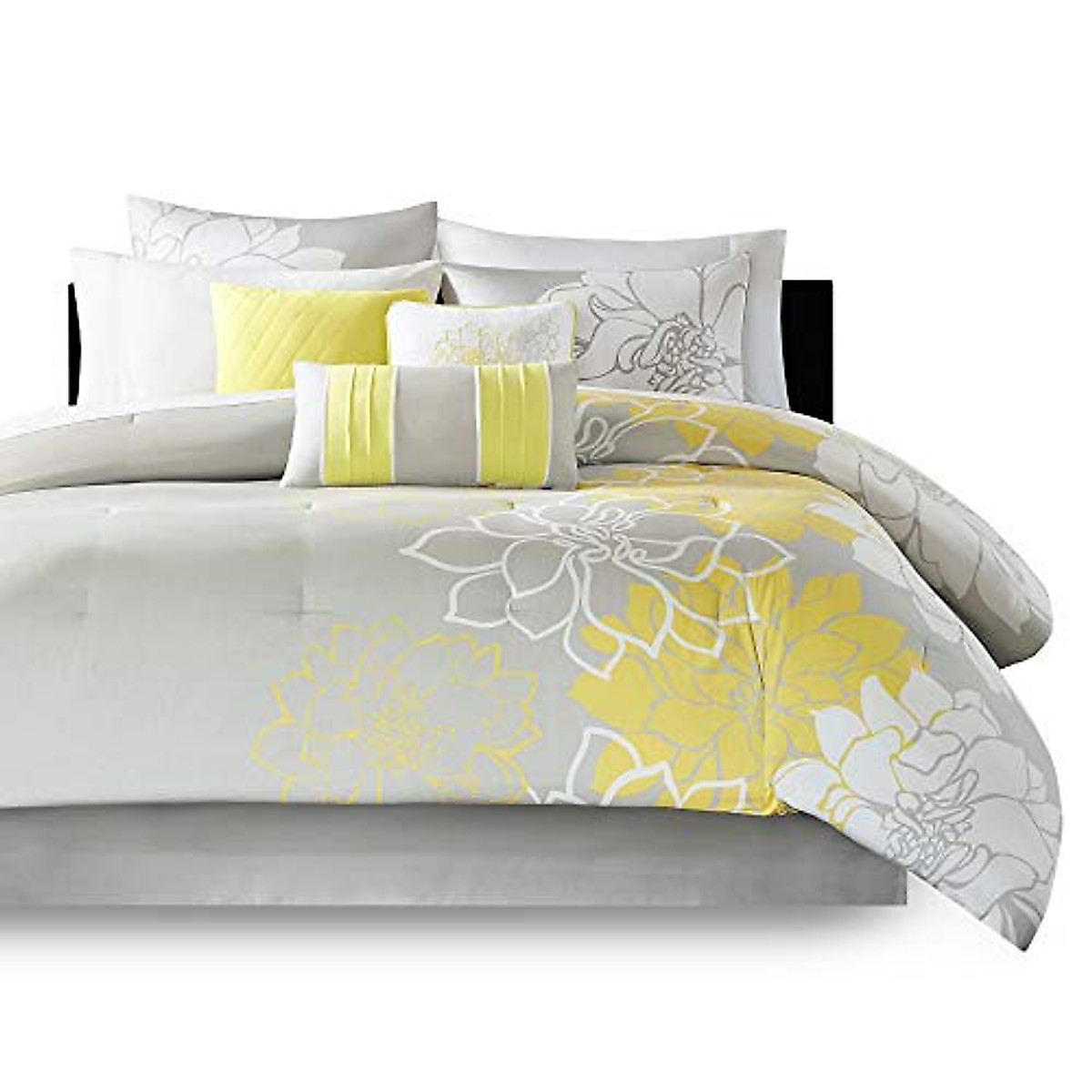 Madison Park Lola Sateen Cotton Comforter Set-Casual Medallion Floral Design All Season Down Alternative Bedding, Shams, Bedskirt, Decorative Pillows, Queen(90"x90"), Grey/Yellow, 7 Piece