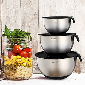Belwares Mixing Bowls with Lids Set - Nesting Bowls with Graters, Handle, Pour Spout, Airtight Lids - Stainless Steel Non-Slip Mixing Bowl for Cooking, Baking, Prepping, Food Storage (Set of 3)
