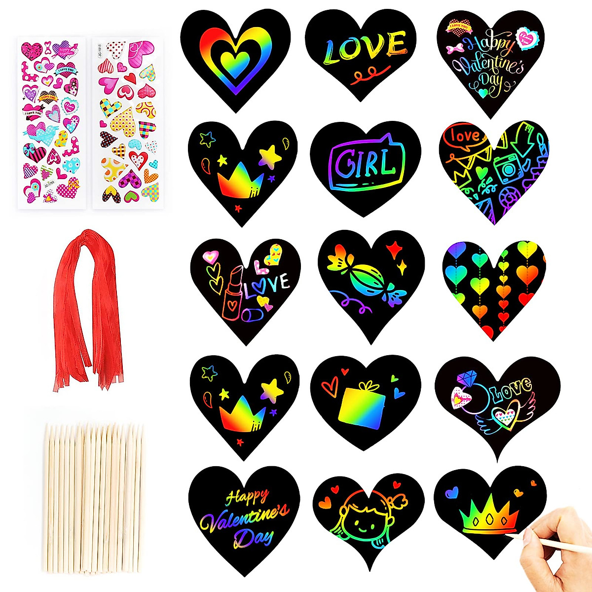 28 Pieces Valentines Crafts for Kids,Rainbow Scratch Paper Ornaments,Heart Shape Scratch Craft Art Kit for Class Valentines DIY Art Activity,School Valentines Day Gifts for Kids