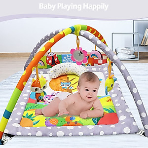 KAKIBLIN Baby Play Gym Mat, 4 in 1 Tummy Time Activity Play Mats for Baby with 5 Detachable Toys, Foldable Baby Playmats Floor Gyms for Easy Transport, Playpen Function, 80 x 70 CM, Purple