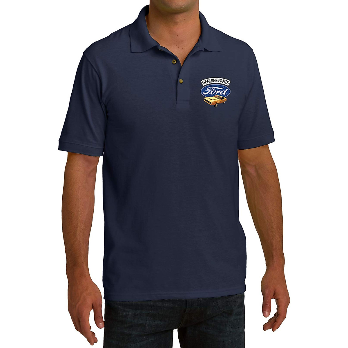 Ford Mustang Genuine Parts Pocket Print Pique Polo, Navy XL