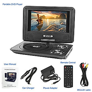 SQQBZZ 7" Portable DVD Player for Kids and Car, Support DVD/VCD/SD Card/USB, Remote Control, Car Charger, Power Adaptor (Black)