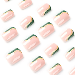 QINGGE Pink Press on Nails Short Length Square Fake Nails with Green Gold Stripe Design Fashion Stick on Nails Glue on Nails Glossy Acrylic Nails False Nails for Women 24Pcs