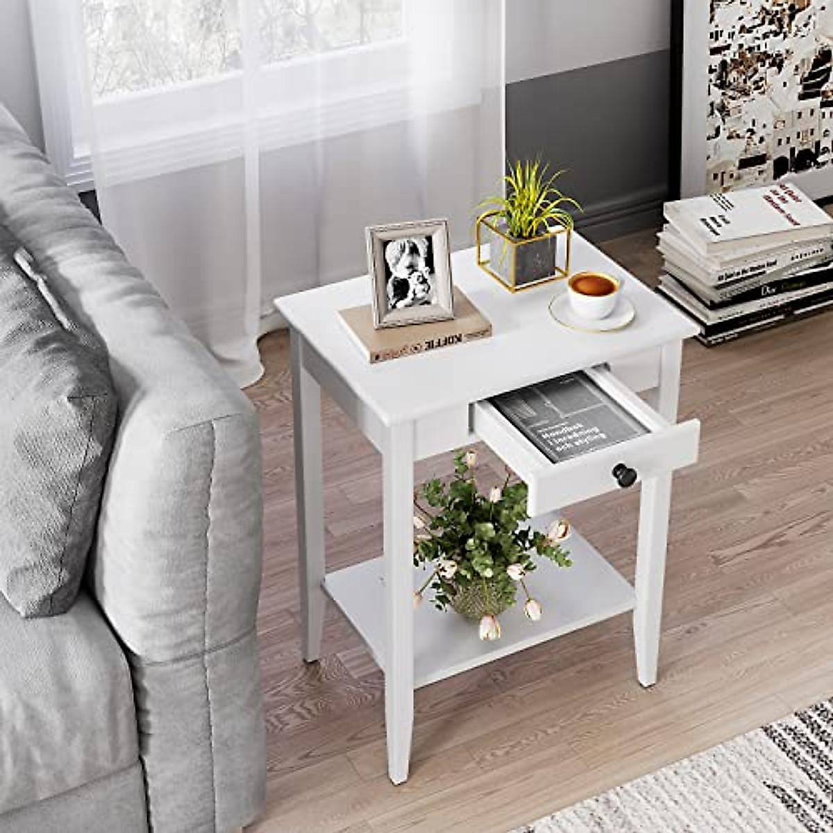 IDEALHOUSE Nightstand Wooden, 2-Tier Couch Sofa Side Table with Drawer - Stylish End Table for Living Room Bedroom Study Room