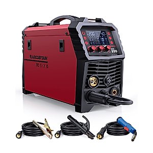 ARCCAPTAIN MIG Welder, 200Amp 6 in 1 Gas MIG/Gasless Flux Core MIG/Stick/Lift TIG/Spot welding/Spool Gun 110V/200V Aluminum Multi Process Welding Machine with LED Digital Display, Burn Back Adjustment