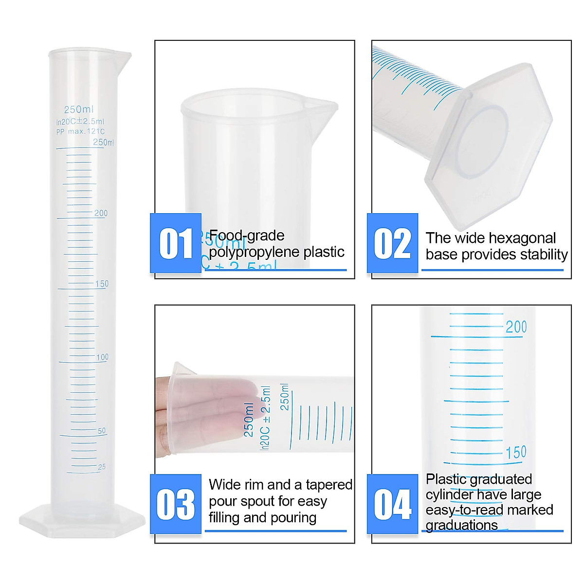 5Pack 250ml Plastic Graduated Cylinder, Transparent Measuring Cylinder Durable Lab Test Tube Flask, 2-Sided Measuring Lines Graduated Cylinder Beaker for Science Projects, Pour Spout