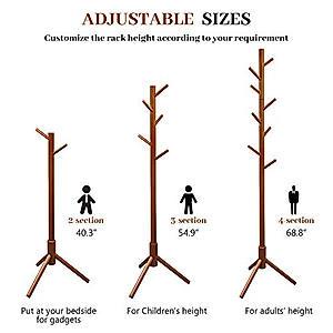 DADILL Wooden Tree Coat Rack with 3 Adjustable Sizes, 8 Hooks, Easy Assembly Free Standing Solid Coat Hanger Stand for Clothes, Garment, Hats, Umbrellas, Scarves in Hallway, Entryway, Dark Walnut