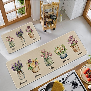 Eikunn Floral Kitchen Rugs and Mats Set of 2, Lavender Tulip Flower Kitchen Rug for Floor, Non-Slip Washable Comfort Standing Kitchen Sink Runner Rug Holiday Kitchen Accessories