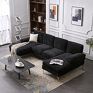 POULEII Sectional Sofa,Modern U-Shape Modular Sectional Sofa Sleeper Couch with Chenille Fabric and Gold-Plated Feet for Living Room, Apartment, Office,Black
