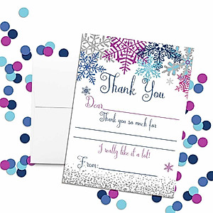 Winter Snowflake Birthday Thank You Notes, Ten 4" x 5.5" Fill In The Blank Cards with 10 White Envelopes by AmandaCreation