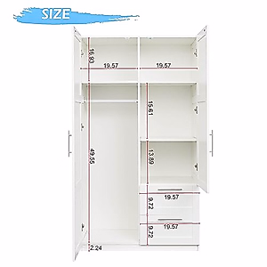 RIDFY Wardrobe Closet with 2 Doors,High Wardrobe and Kitchen Cabinet with 2 Drawers and Storage Shelevs,Bedroom Armoires with Hanging Rod, Foldable Clothes Organizer (40”W x 20”D x 71”H) (White)