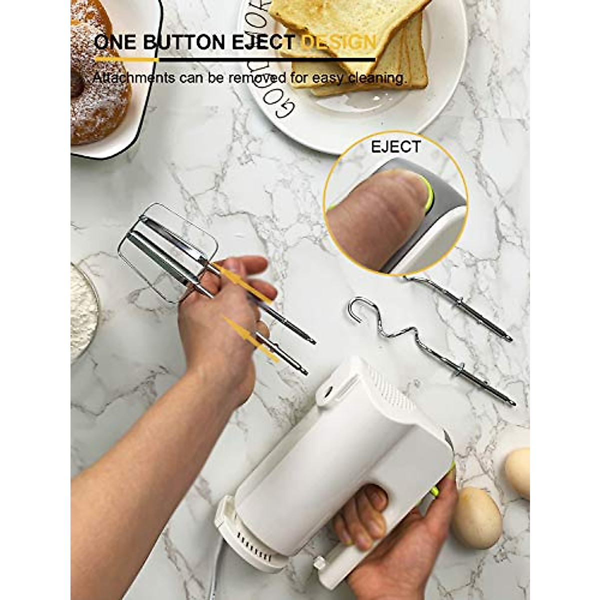 Hand Mixer Electric, MOSAIC Mixer with Cord & Attachments Storage and 4 Stainless Steel Accessories, Easy Eject Handheld Mixer for Whipping Mixing Cookies, Brownies, Cakes, Dough (White)
