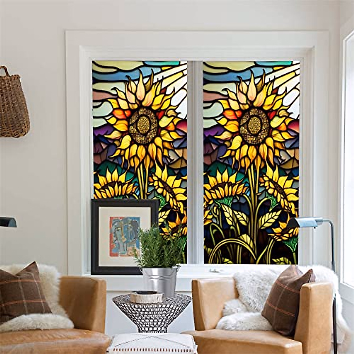 CREATIVE HOBBIES Window Privacy Film Sunflower Window Clings Stained Glass Window Film 78.7" x 17.3" Frosted Glass Window Decor Bathroom Window Coverings Static Cling Non-Adhesive