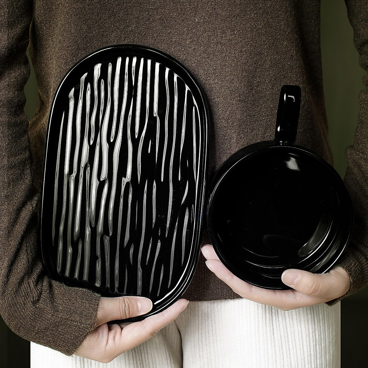 Wareland Soup Bowl with Handle & Salad Plate, Soup and Sandwich Plate Combo, 18oz Soup Mug/Cup for Cereal, Ceramic Pasta Plate for Appetizer, Dessert, Rice, Dishwasher & Microwave Safe, Bright Black